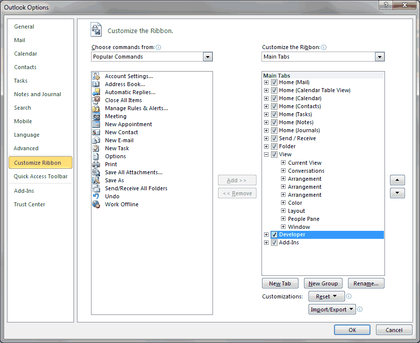 Enable Outlook 2010 Developer Tab Wellsr
